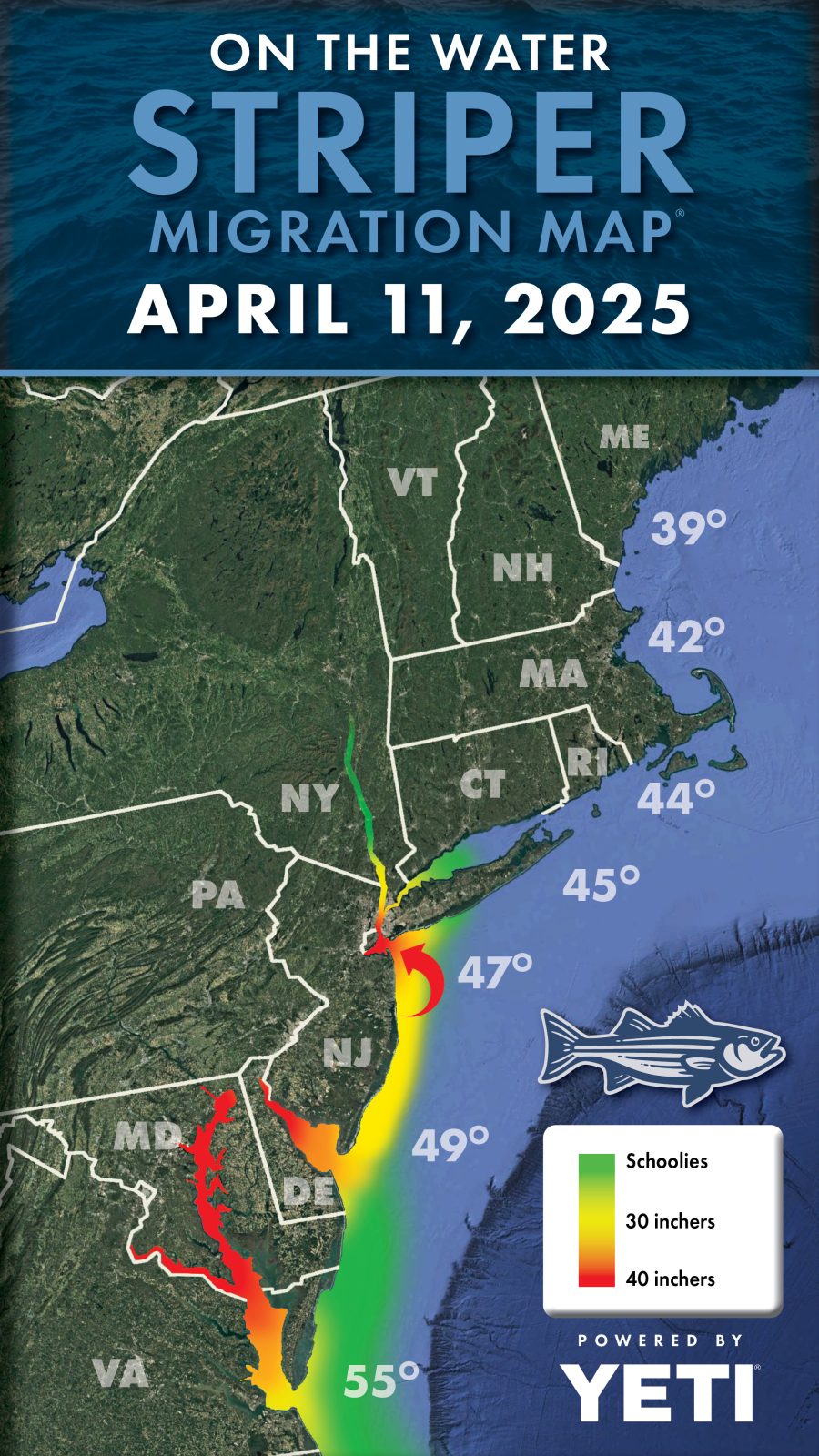 Striper Migration Map - April 11, 2025 - On The Water